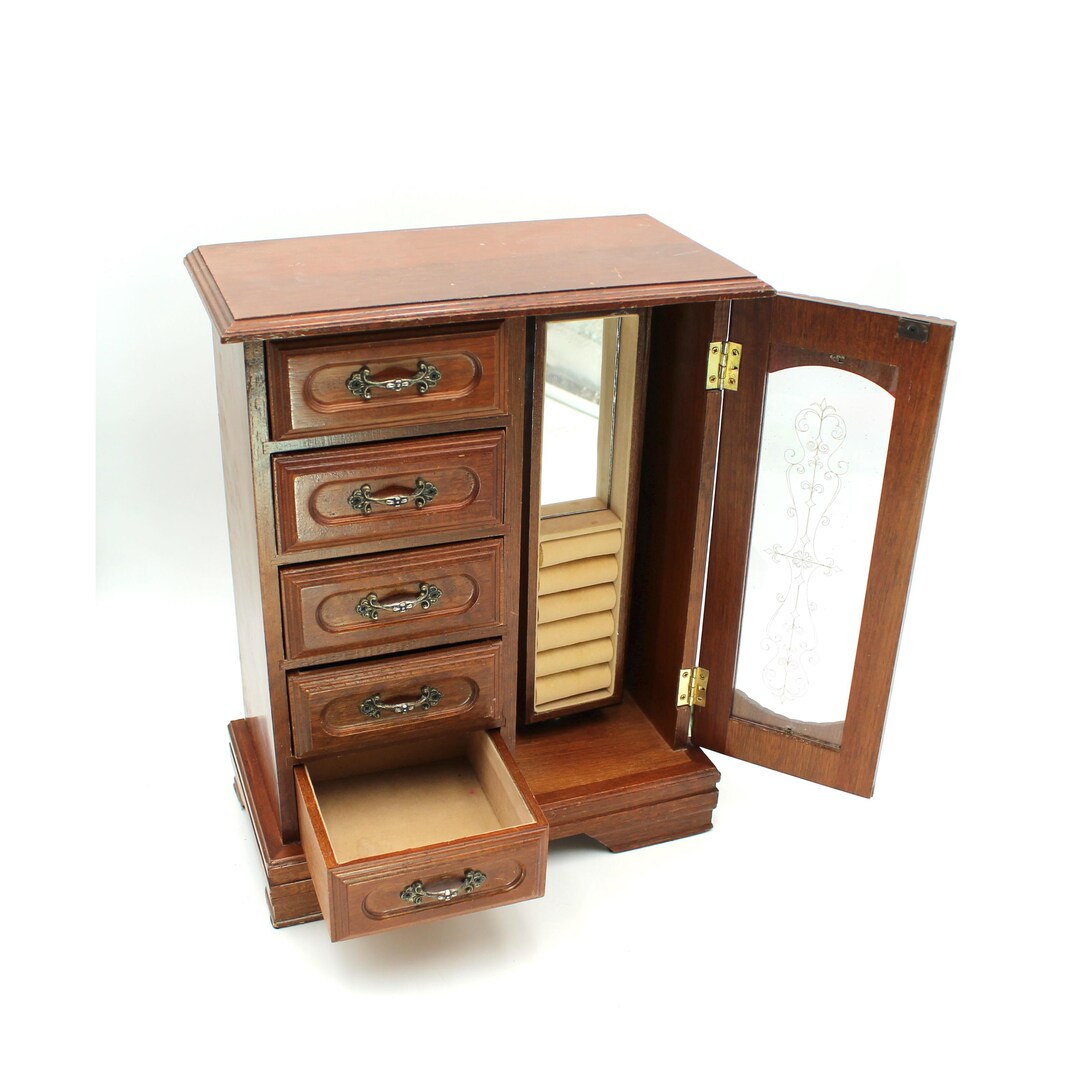 Vintage Wooden Jewelry Box - Large, Doors, Velvet Interior, 1980s ...
