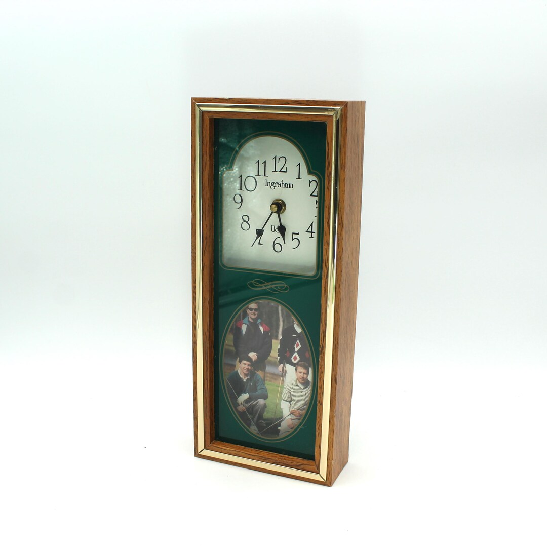 1980s Photo Wall Clock - Ingraham, Green, Faux Wood, Gold, Photograph ...