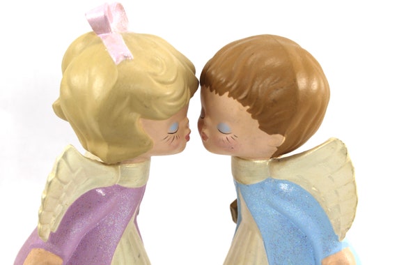 Sparkly Vintage Kissing Angels Figurines Ceramic Girl Etsy