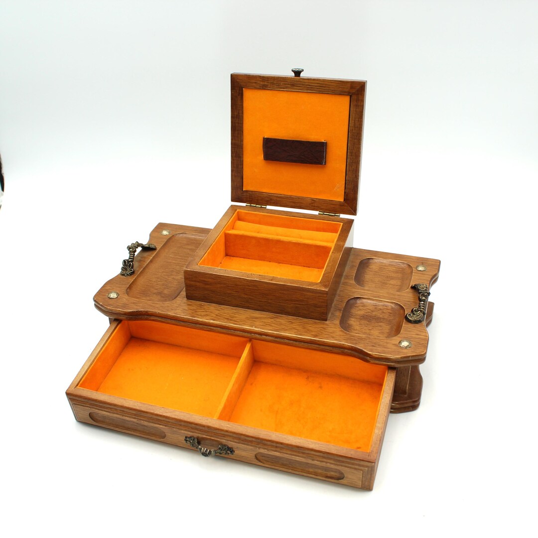Handsome Vintage Valet Box Dresser Tray, Jewelry Box, Wood, Velvet ...