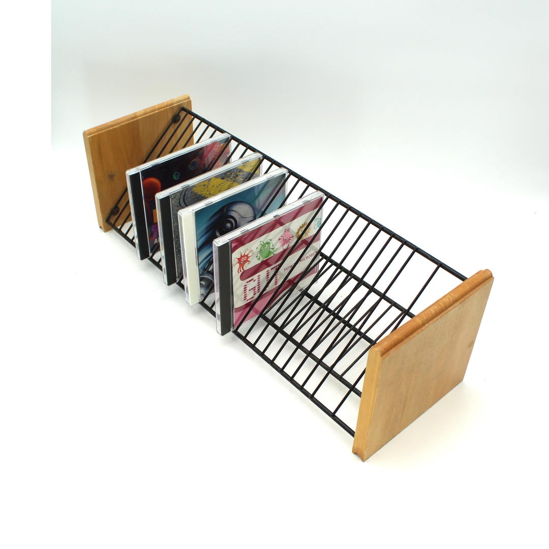 Funky Vintage Wood and Black Metal CD Holder - Rack, Storage, Desktop ...