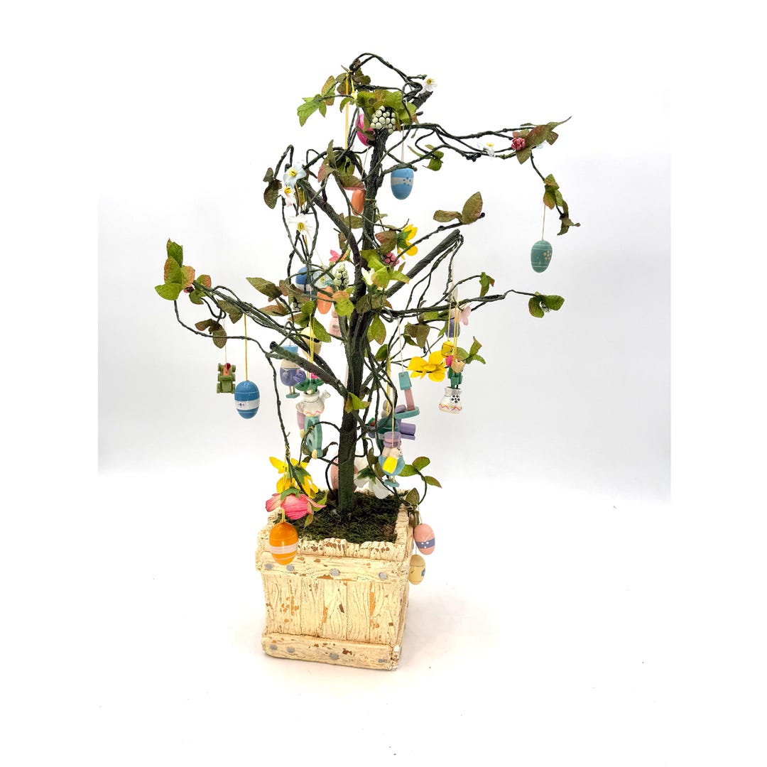 Vintage Easter Tree With Wooden Ornaments - Miniature, Bunnies, Chicks ...