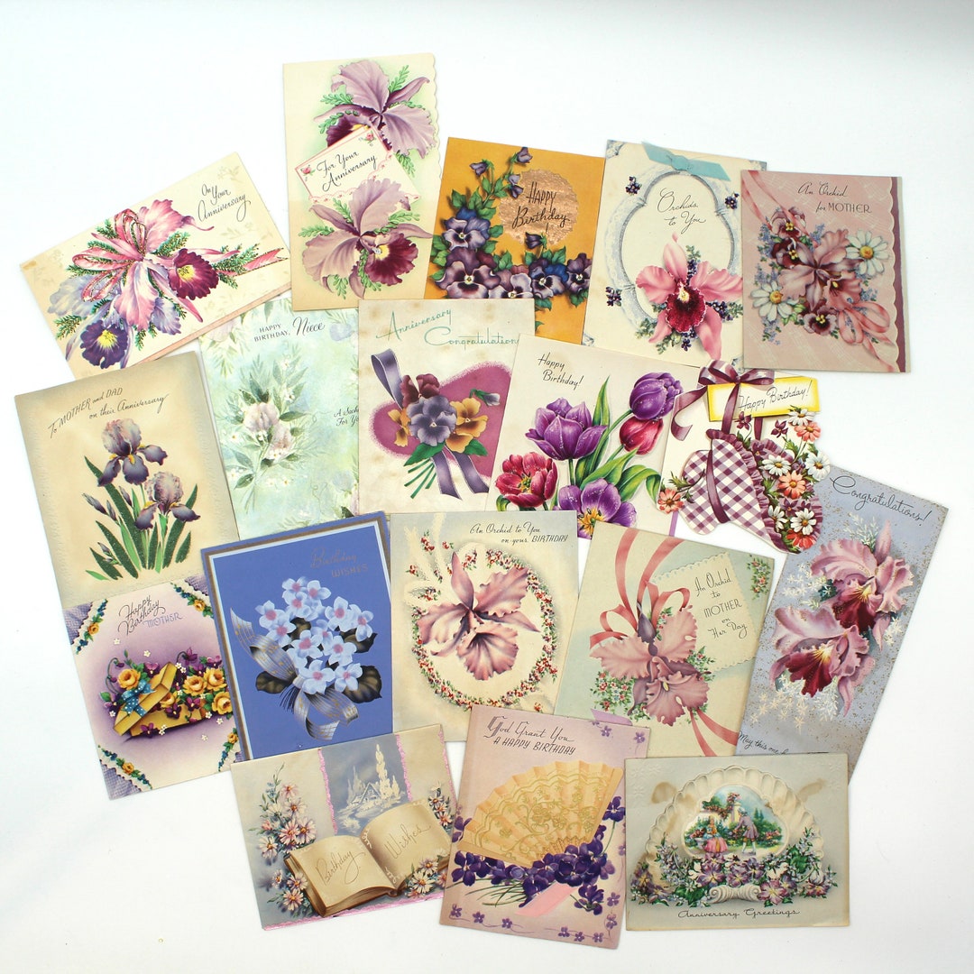 18 Vintage Purple Flowers Theme Greeting Cards - 1940s, 1960s, Mid ...