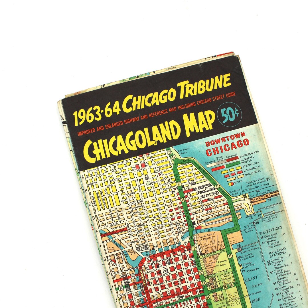 LARGE Vintage 1960s Chicago Road Map Chicagoland, Chicago Tribune ...
