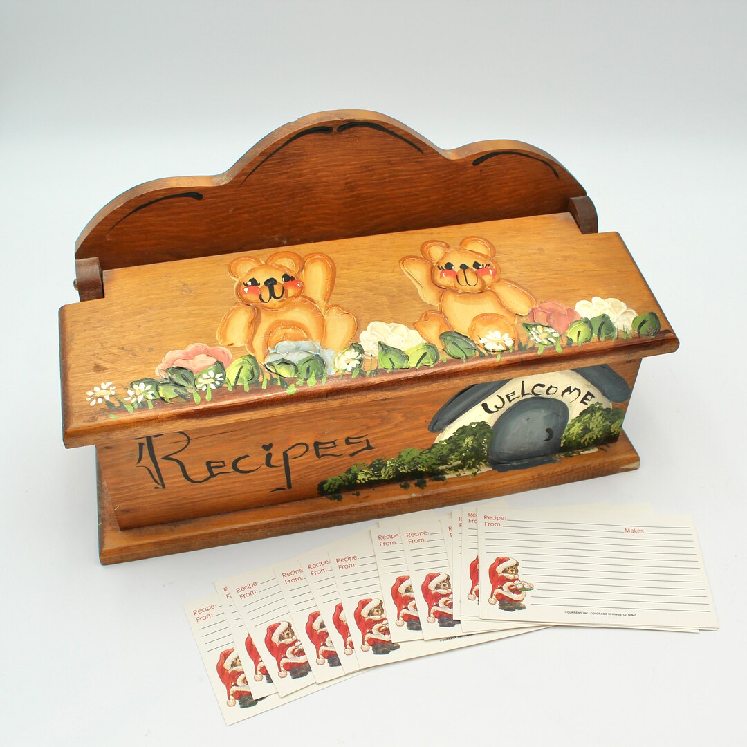 Vintage Hand Painted Double Wide Wooden Recipe Box 3x5 Card Size, Wood ...