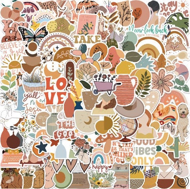 BOHO Aesthetic Sticker Packs, Flowers and Plants, Retro, Waterbottle ...
