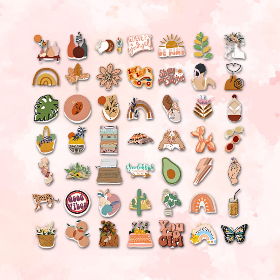 Boho Aesthetic Sticker Packs, Flowers And Plants, Retro, Waterbottle 