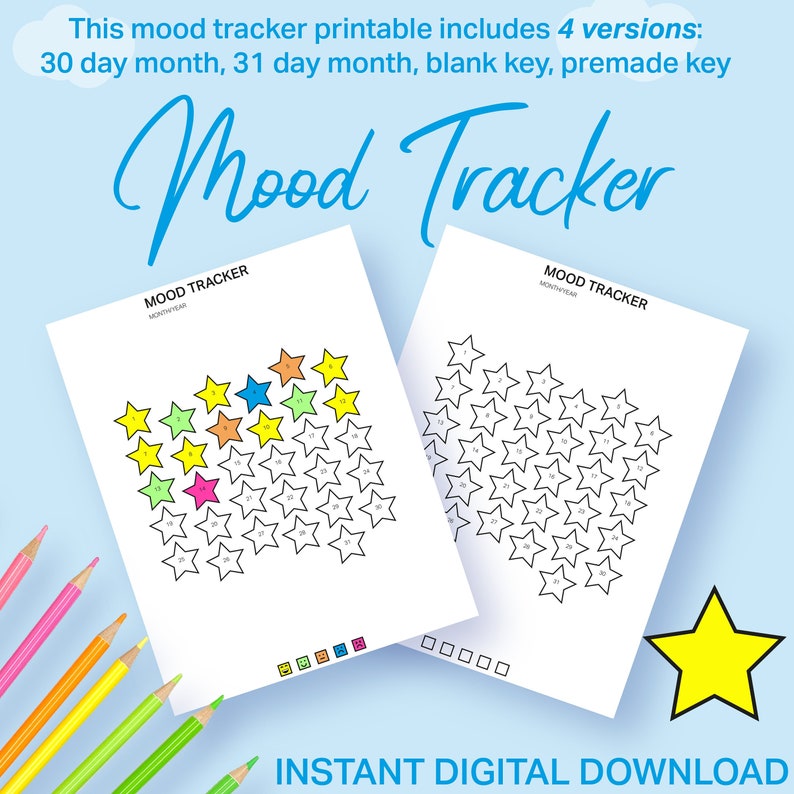 Star Mood Tracker Printable, Daily Monthly Emotions Mood Chart Journal ...