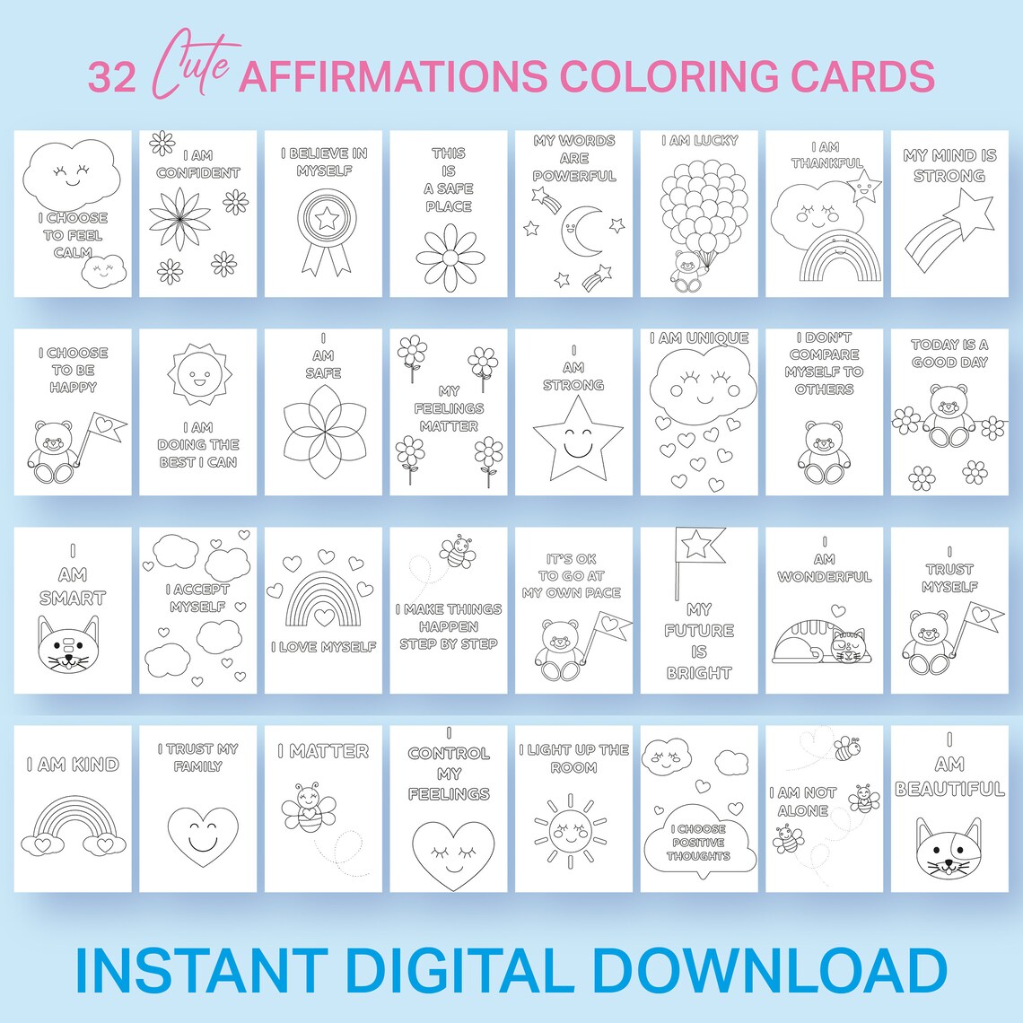 CUTE Kids Affirmation Coloring Cards, Kindness Cards to Color ...