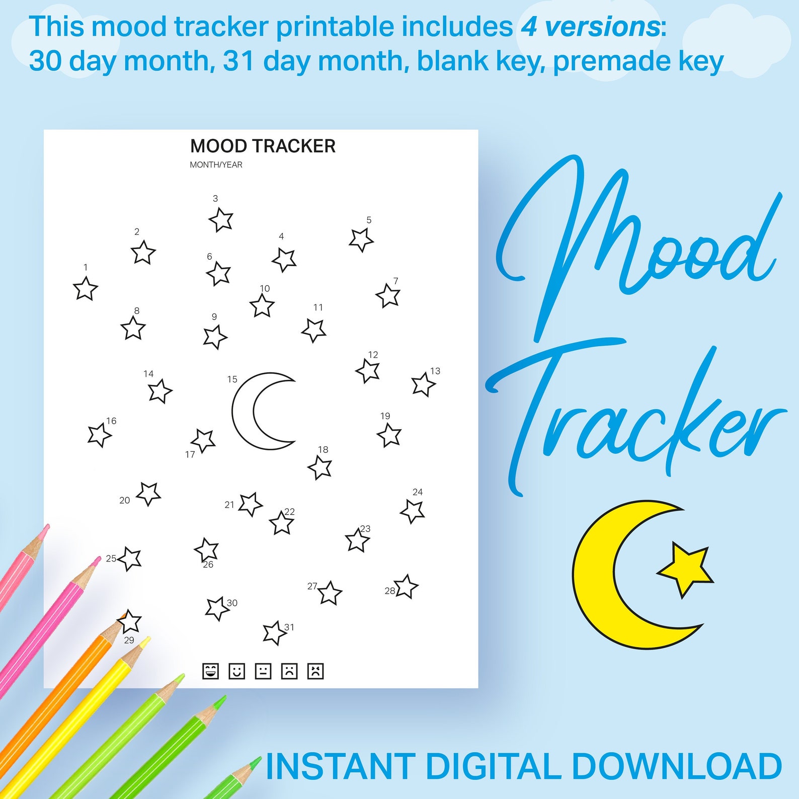 Mood Tracker Printable, Moon and Stars Daily Monthly Mood Chart Journal ...
