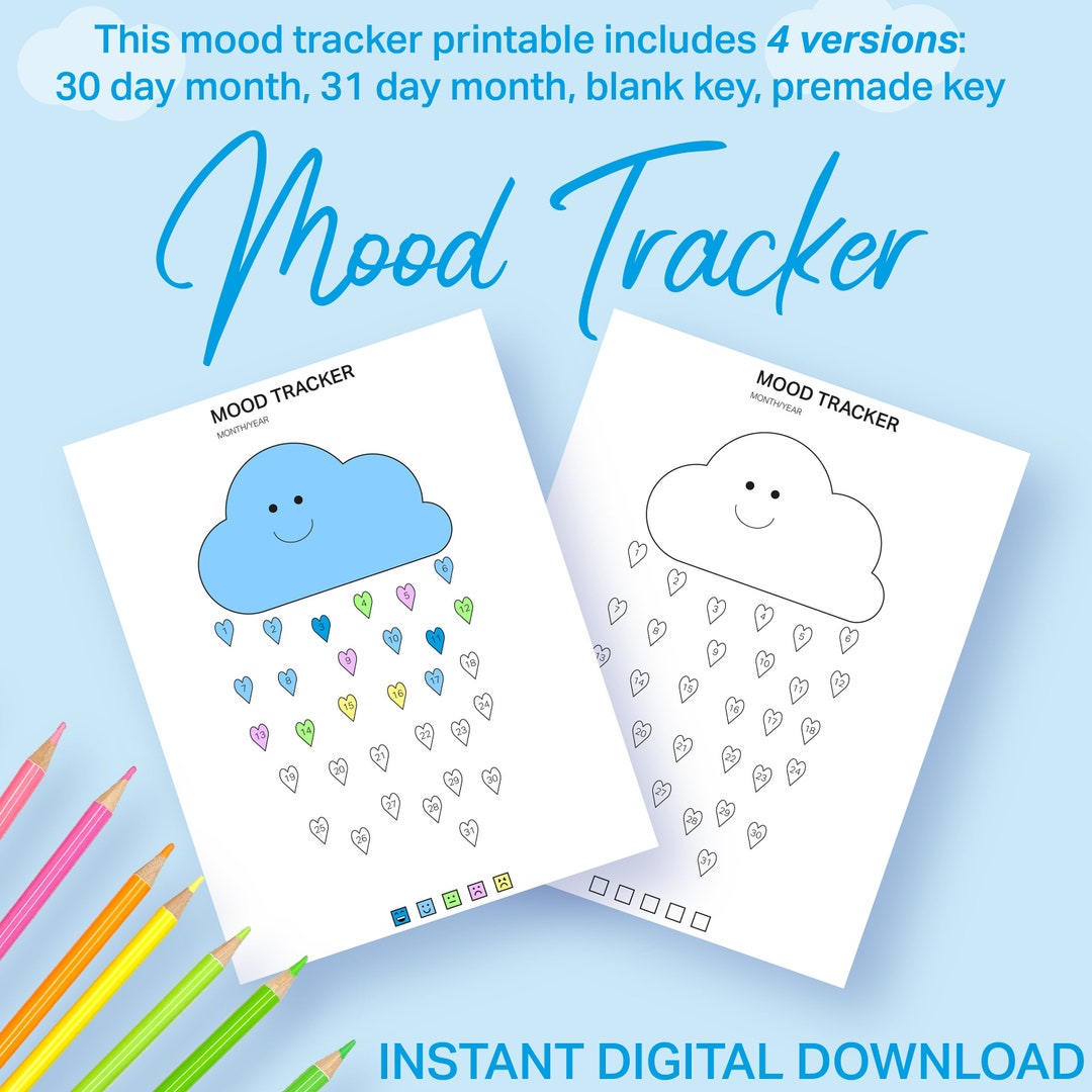 Mood Tracker Printable, Cloud Rain Daily Monthly Emotions Mood Chart ...