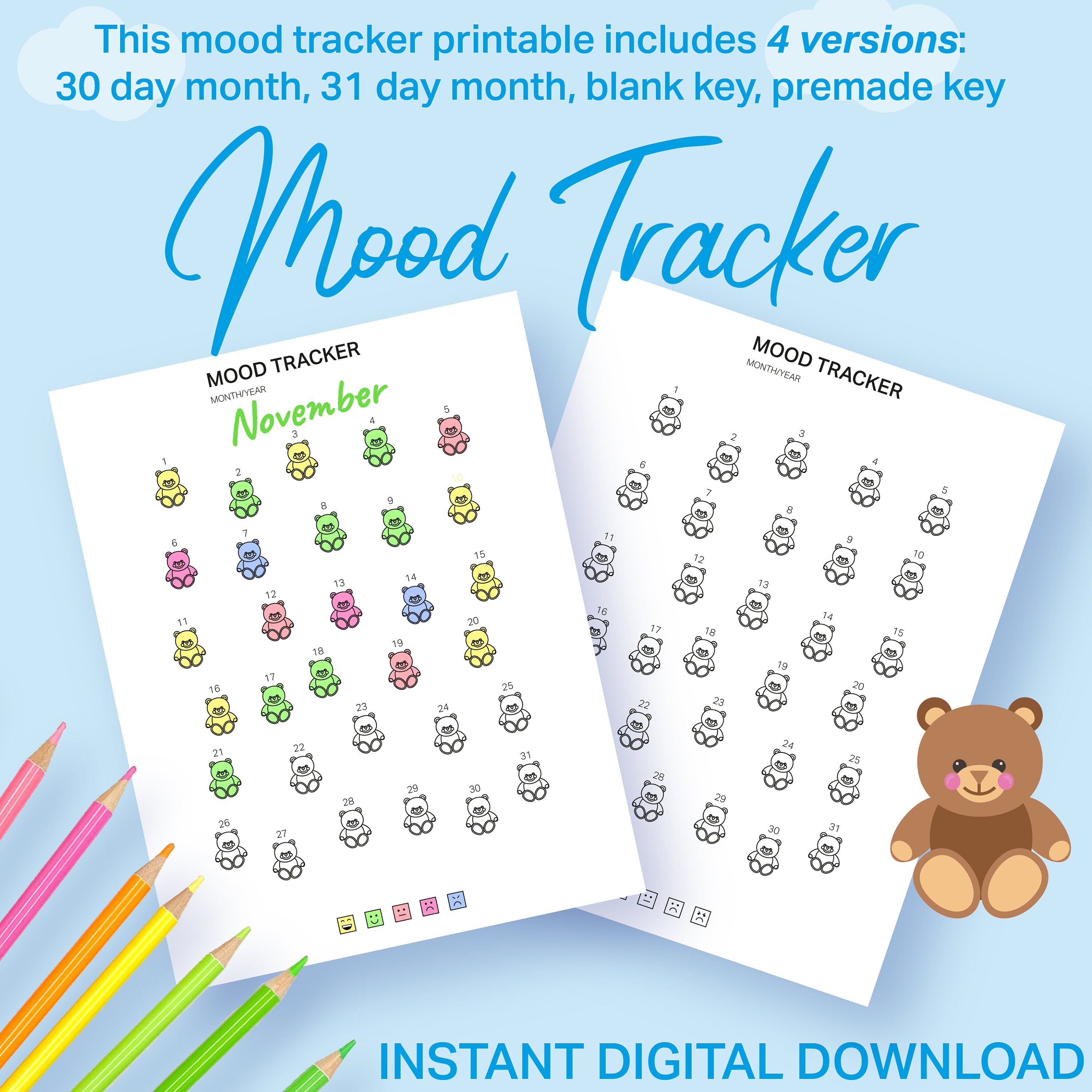 Mood Tracker Printable Bear Daily Monthly Emotions Mood Chart - Etsy