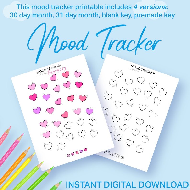 Hearts Mood Tracker Printable, Daily Monthly Emotions Mood Chart ...