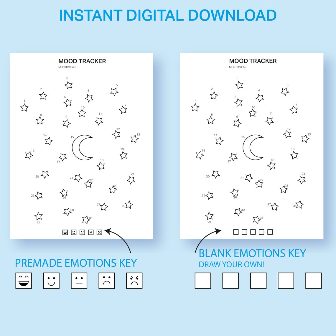 Mood Tracker Printable, Moon and Stars Daily Monthly Mood Chart Journal ...