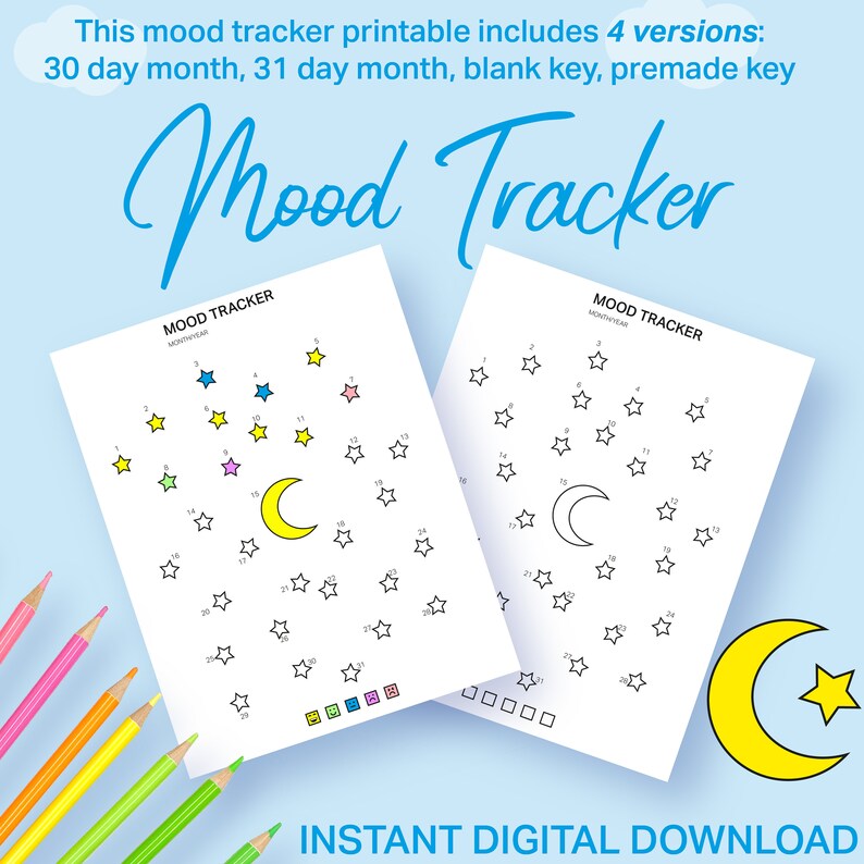 Mood Tracker Printable, Moon and Stars Daily Monthly Mood Chart Journal ...