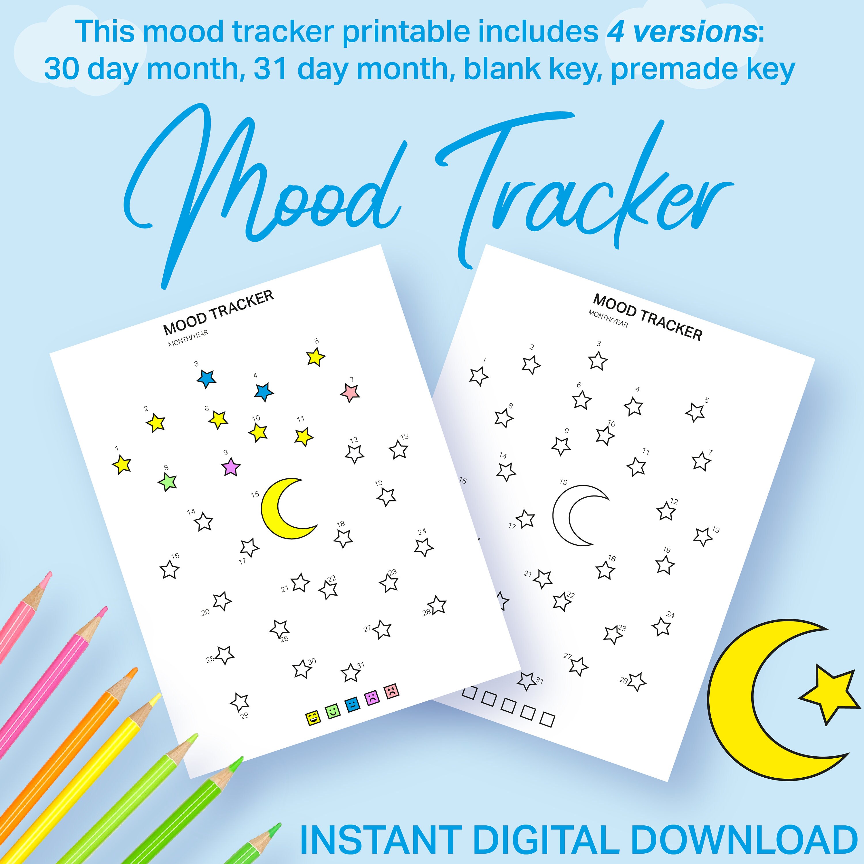 Mood Tracker Printable, Moon and Stars Daily Monthly Mood Chart Journal ...