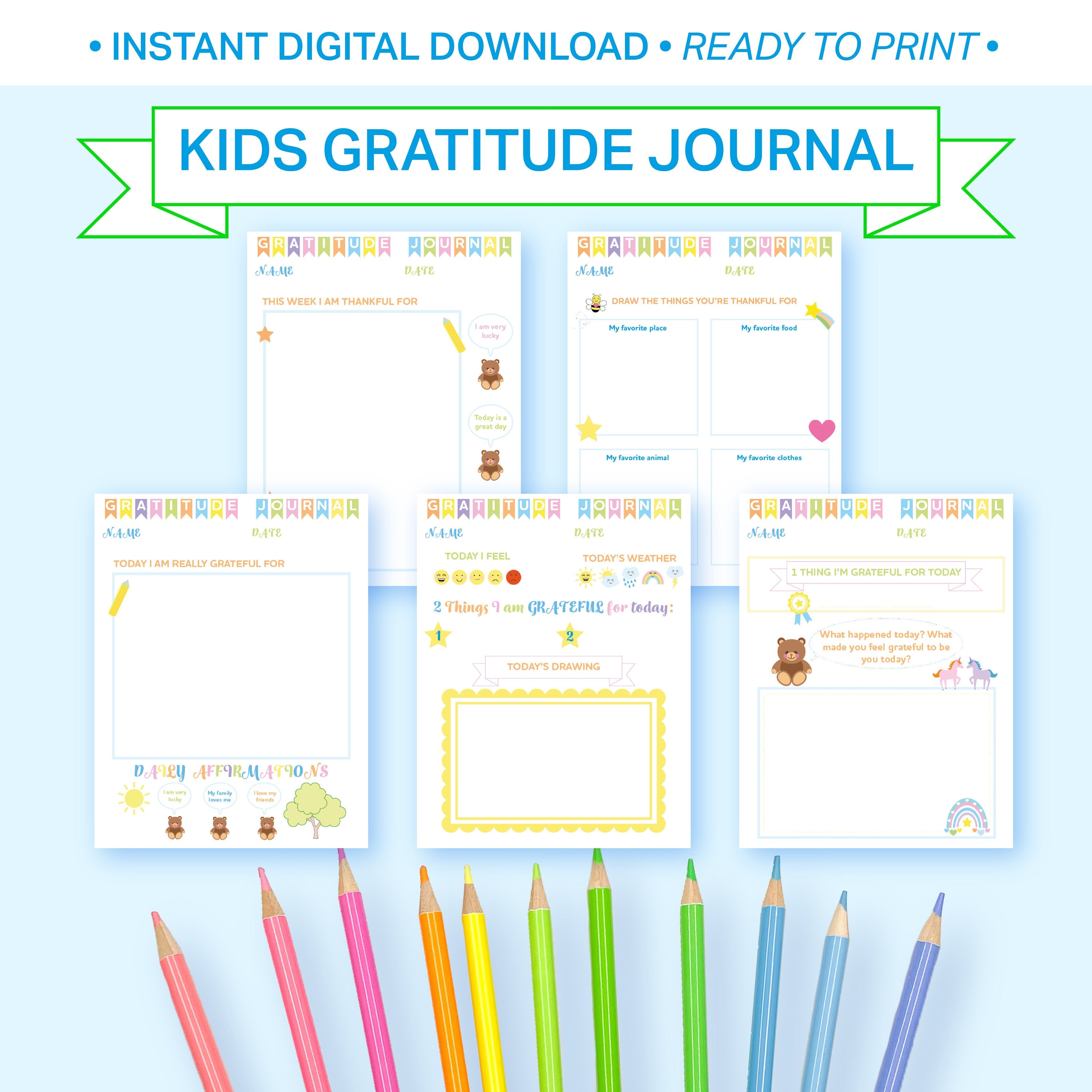 Kids Daily Gratitude Journal Printable Worksheets, Mindfulness Activity ...
