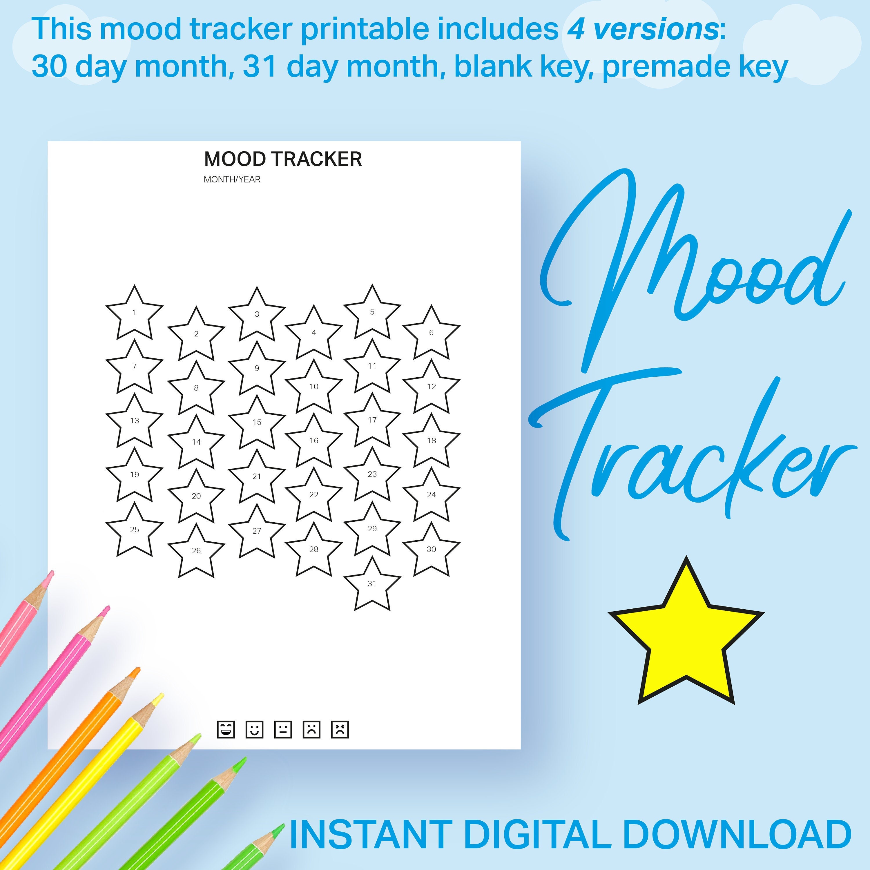Star Mood Tracker Printable, Daily Monthly Emotions Mood Chart Journal ...