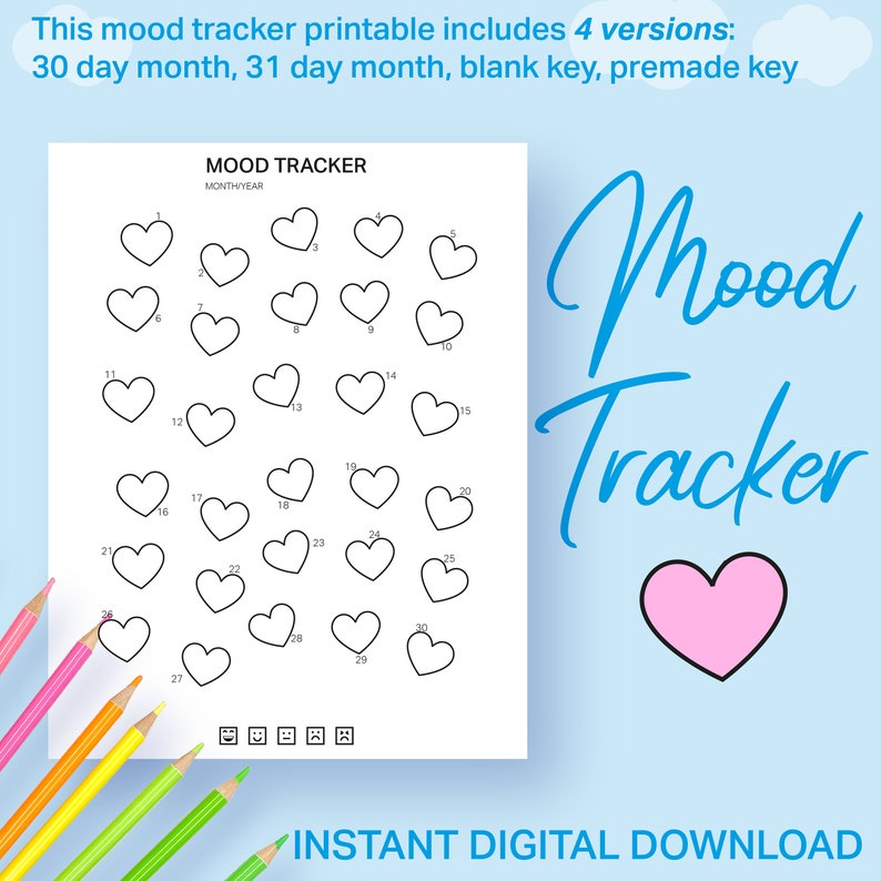 Hearts Mood Tracker Printable Daily Monthly Emotions Mood - Etsy