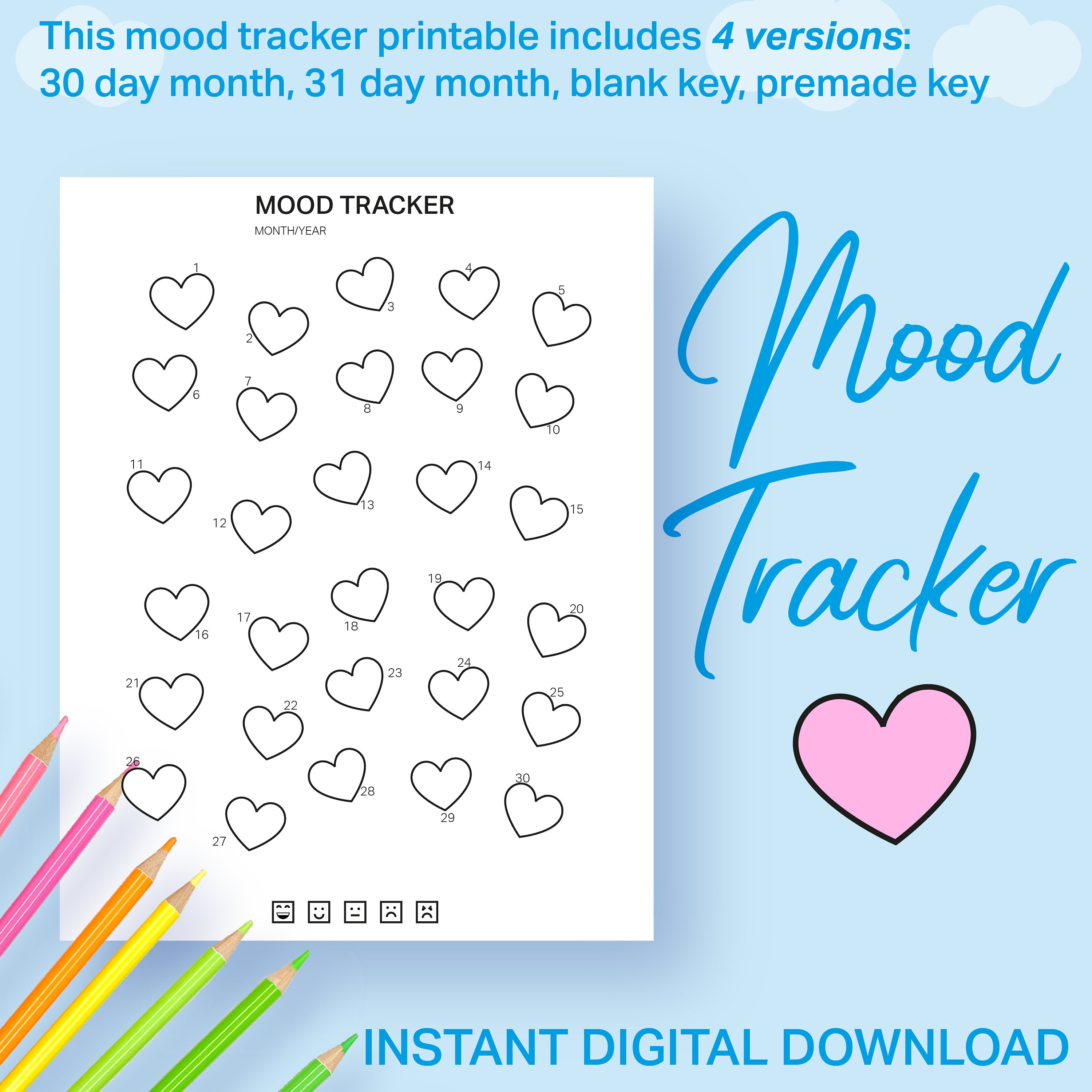 Hearts Mood Tracker Printable Daily Monthly Emotions Mood - Etsy