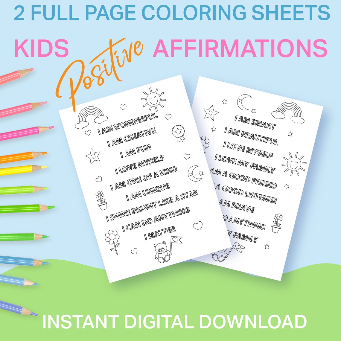 Positive Affirmations Coloring Pages for Kids 2 Full Pages - Etsy UK