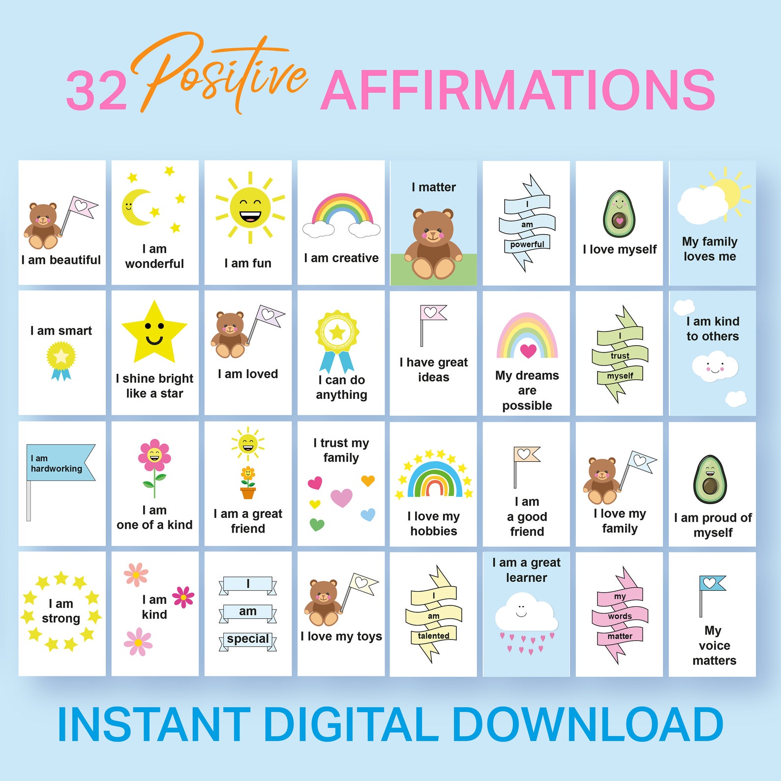 32 Positive Affirmation Cards for Kids, Daily Cards, Positive Thought ...
