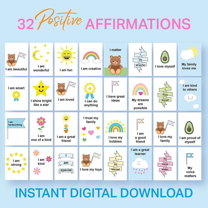 32 Positive Affirmation Cards for Kids, Daily Cards, Positive Thought ...