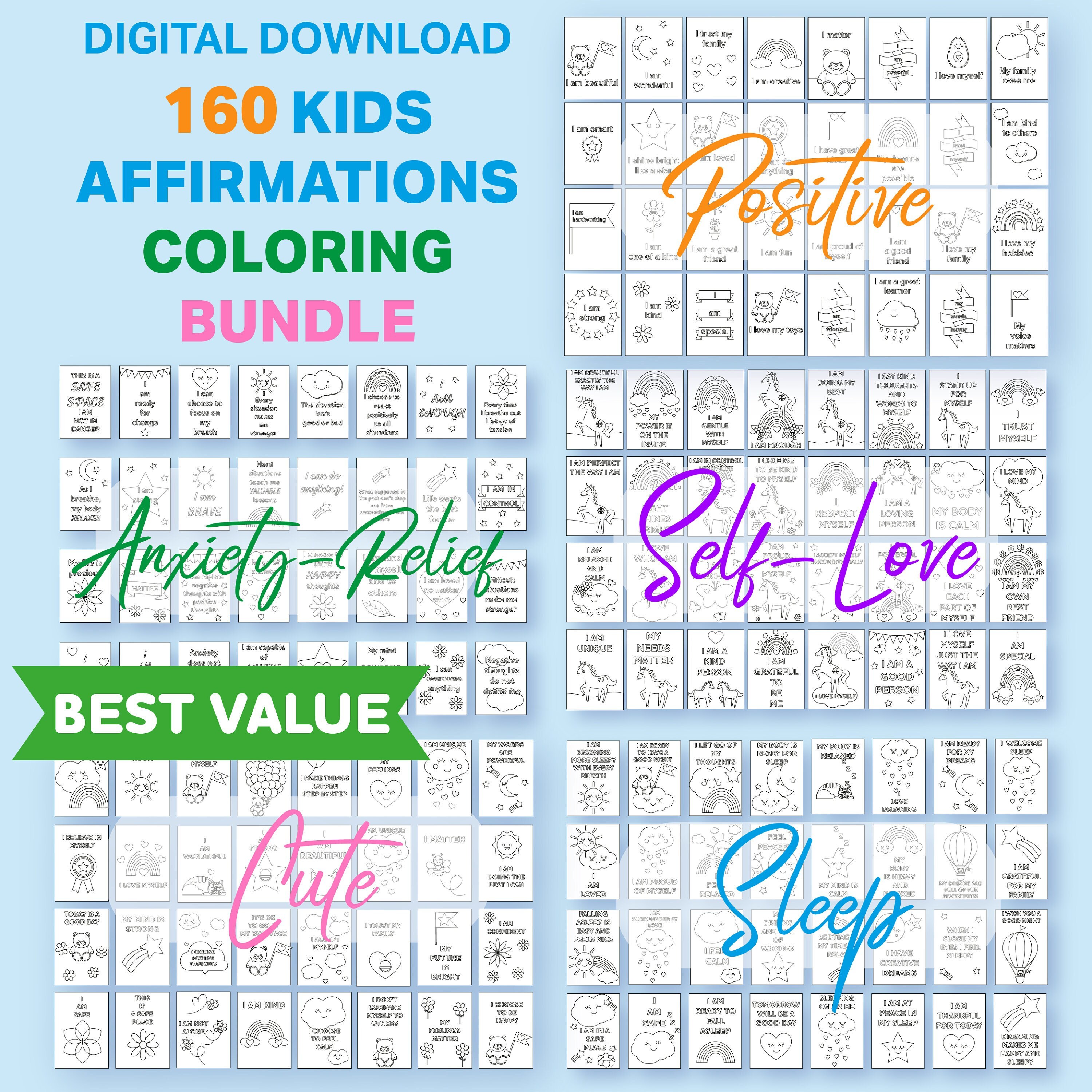 160 Kids Coloring Affirmations Bundle Mindfulness Cards for - Etsy