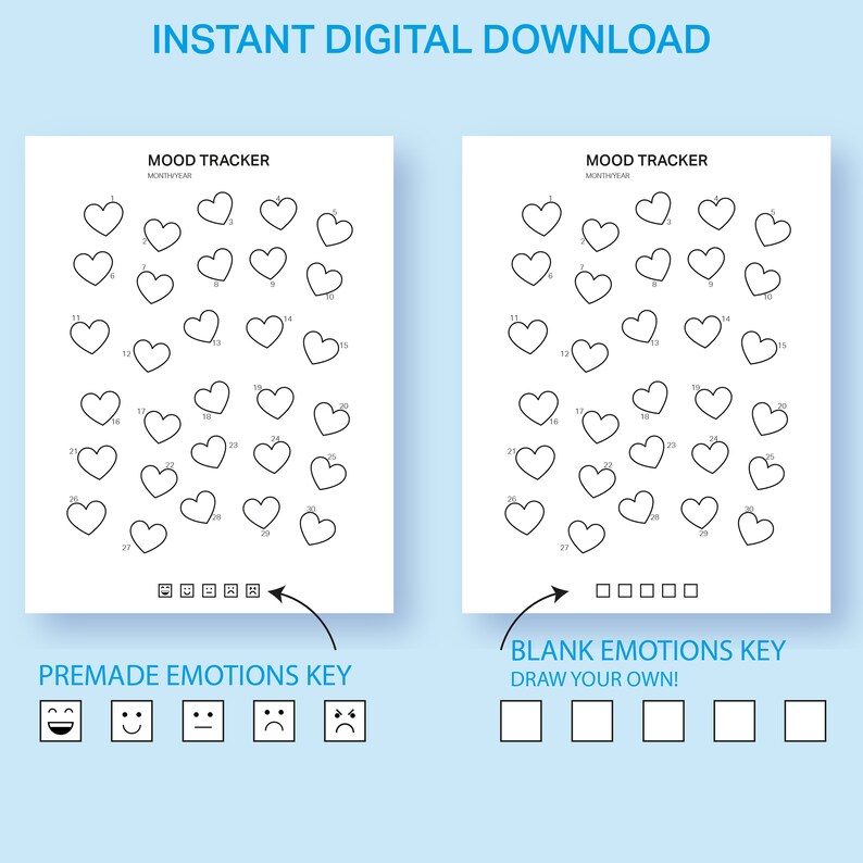 Hearts Mood Tracker Printable, Daily Monthly Emotions Mood Chart ...