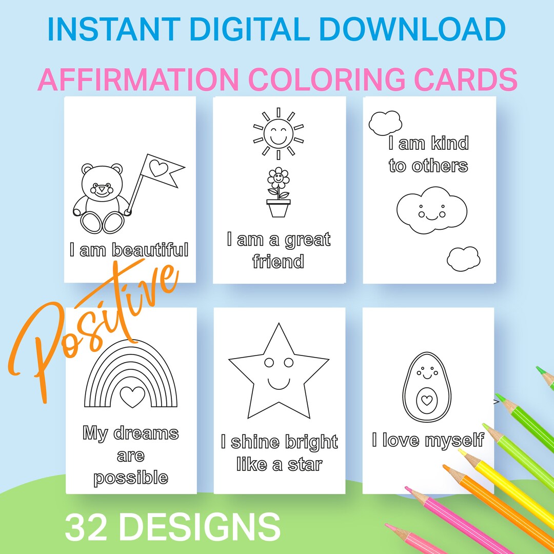 Positive Affirmation Coloring Cards for Kids, Coloring Pages, Kindness ...