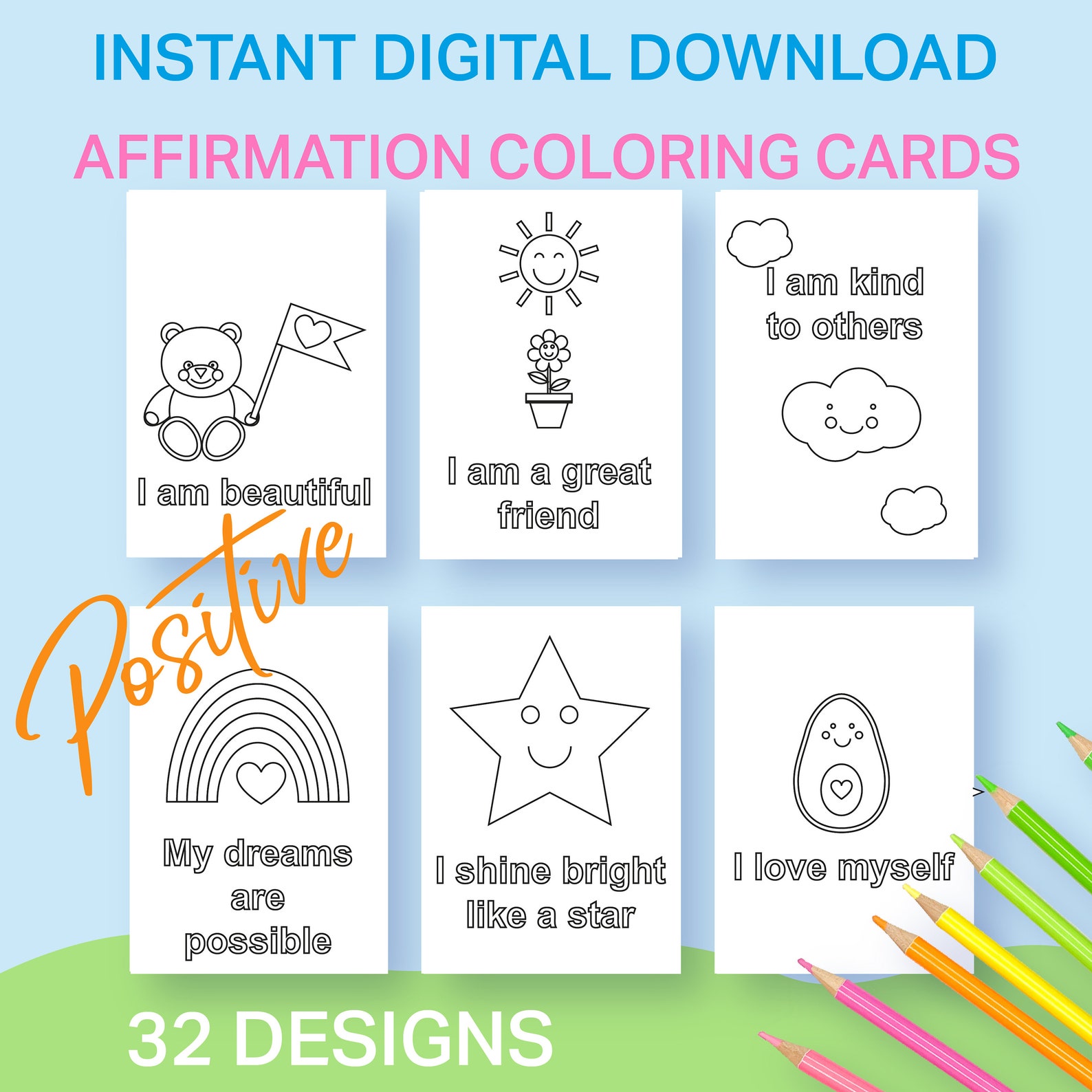 Positive Affirmation Coloring Cards for Kids, Coloring Pages, Kindness ...