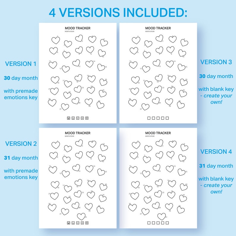 Hearts Mood Tracker Printable Daily Monthly Emotions Mood - Etsy