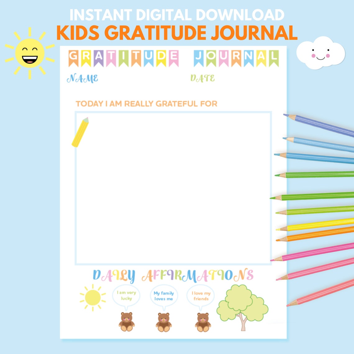 Kids Daily Gratitude Journal Printable Worksheets, Mindfulness Activity ...