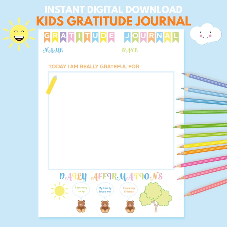 Kids Daily Gratitude Journal Printable Worksheets, Mindfulness Activity ...