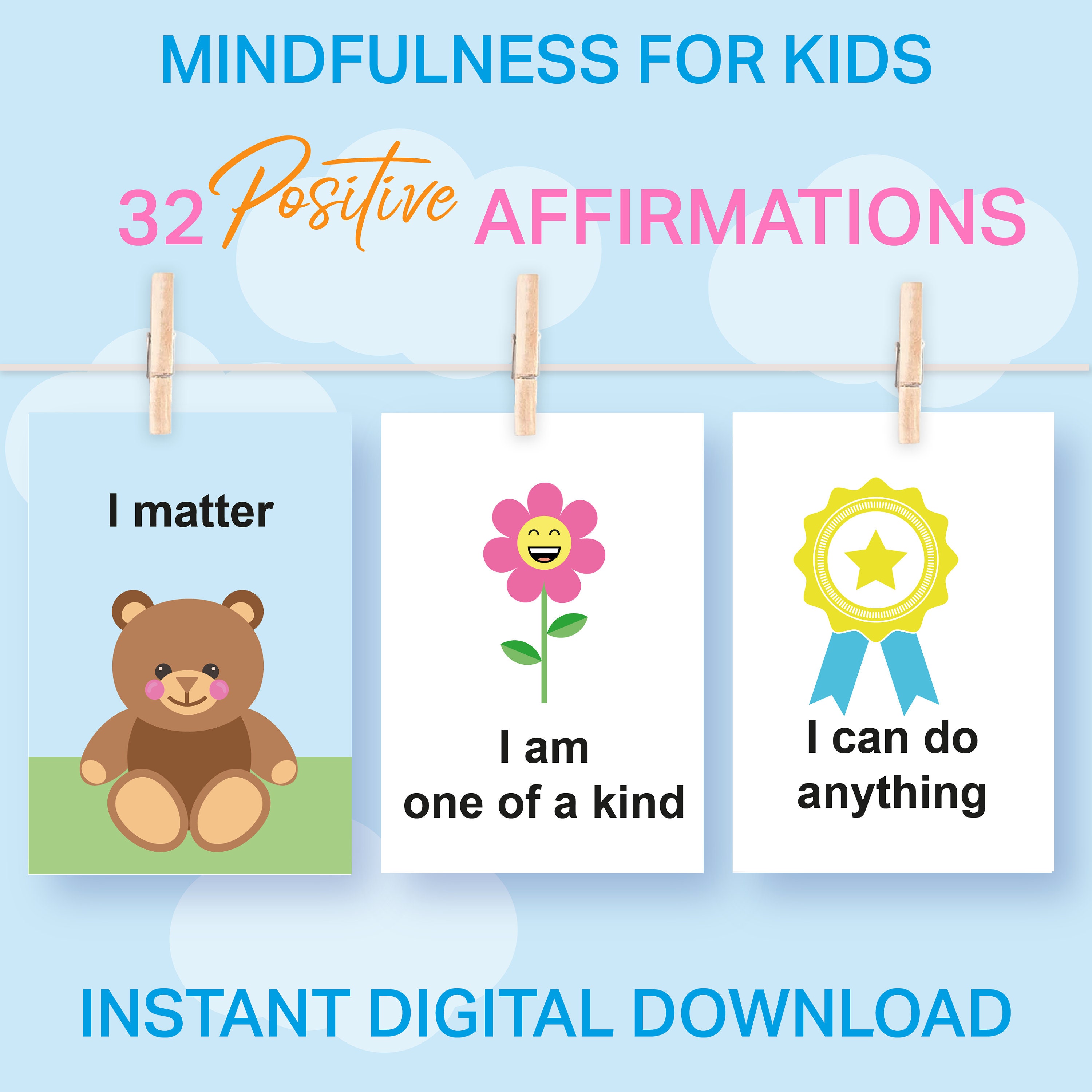 32 Positive Affirmation Cards for Kids, Daily Cards, Positive Thought ...