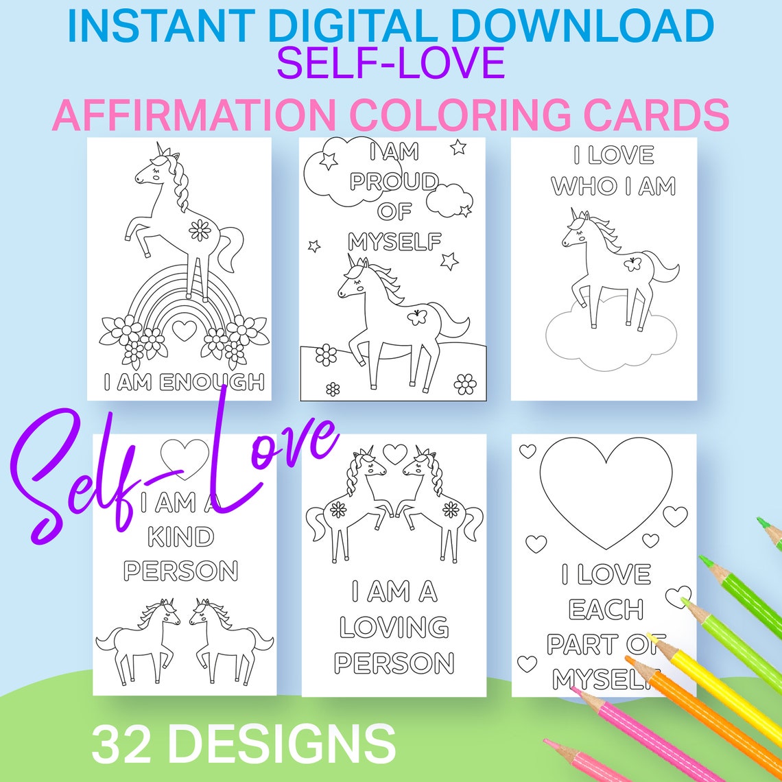 Unicorn Self-love Affirmation Coloring Cards for Kids, Mindful Coloring Pages for Children ...