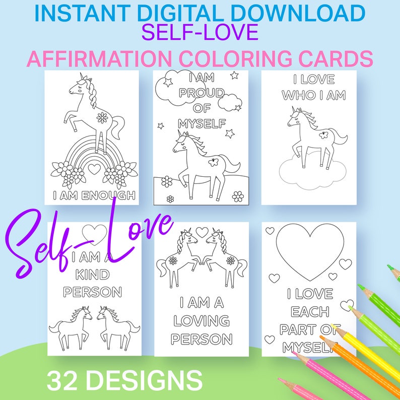 Unicorn Self-love Affirmation Coloring Cards for Kids, Mindful Coloring ...