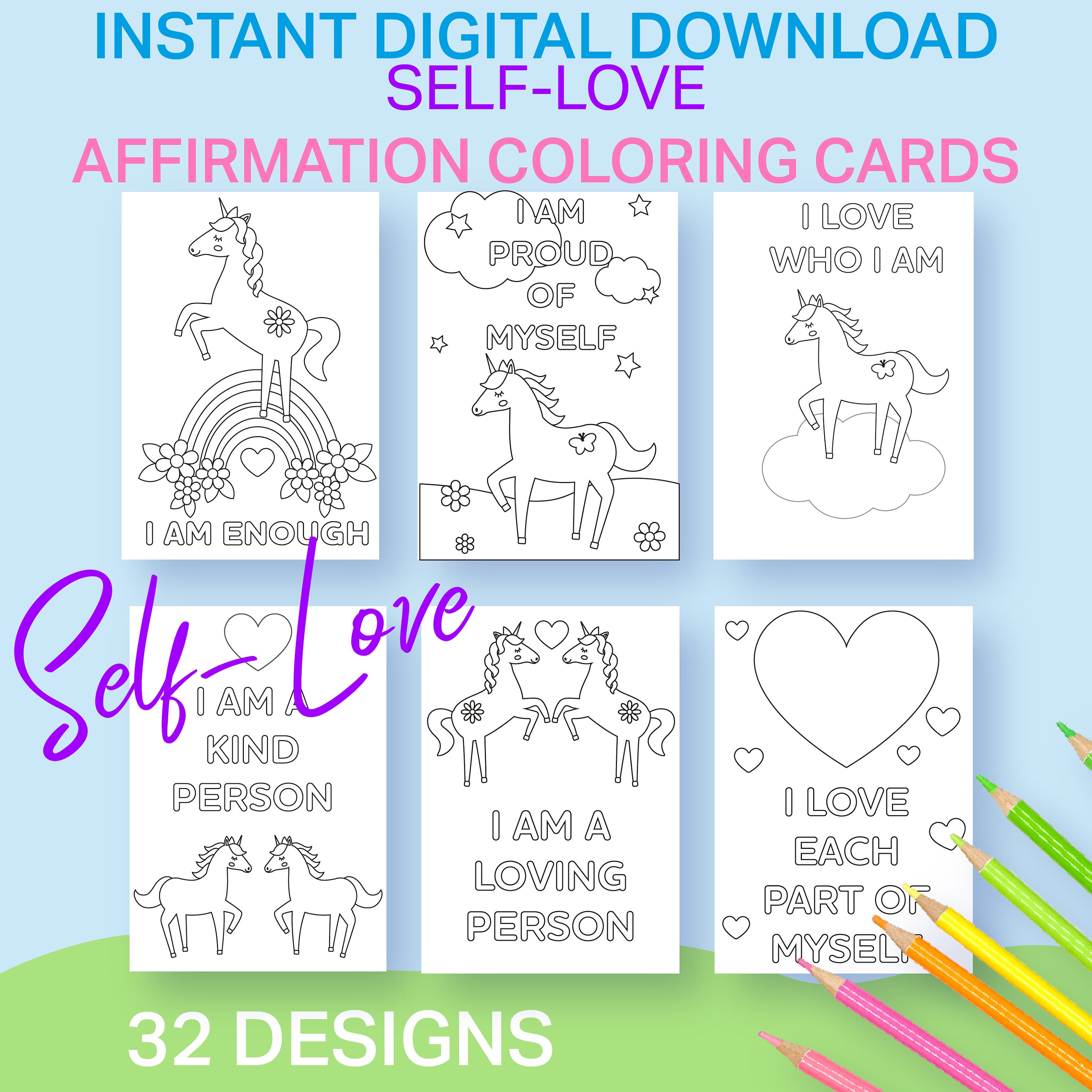 Unicorn Self-love Affirmation Coloring Cards for Kids, Mindful Coloring ...