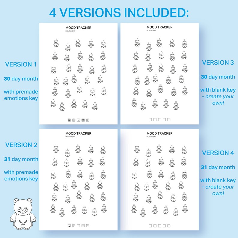 Mood Tracker Printable Bear Daily Monthly Emotions Mood Chart - Etsy