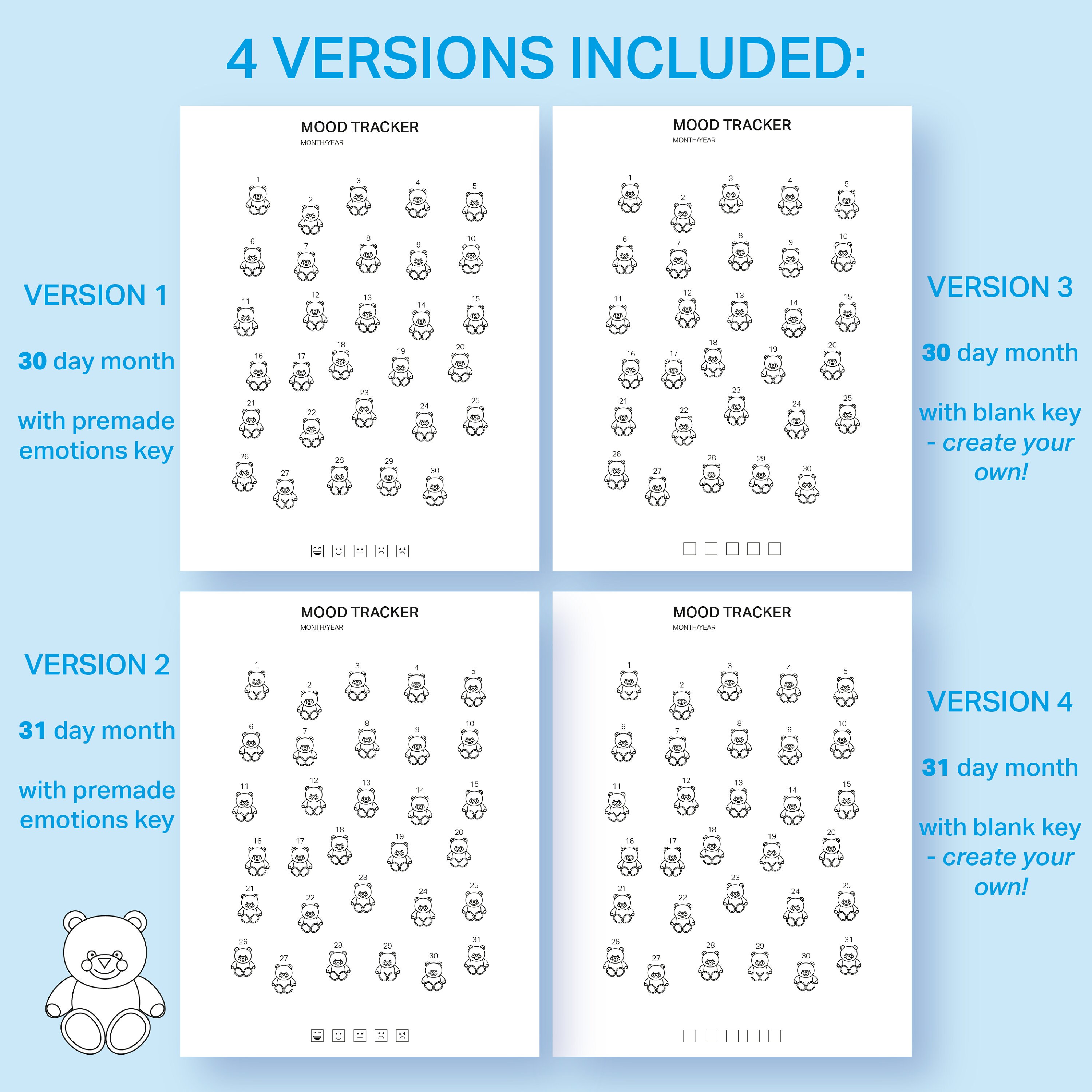 Mood Tracker Printable Bear Daily Monthly Emotions Mood Chart - Etsy