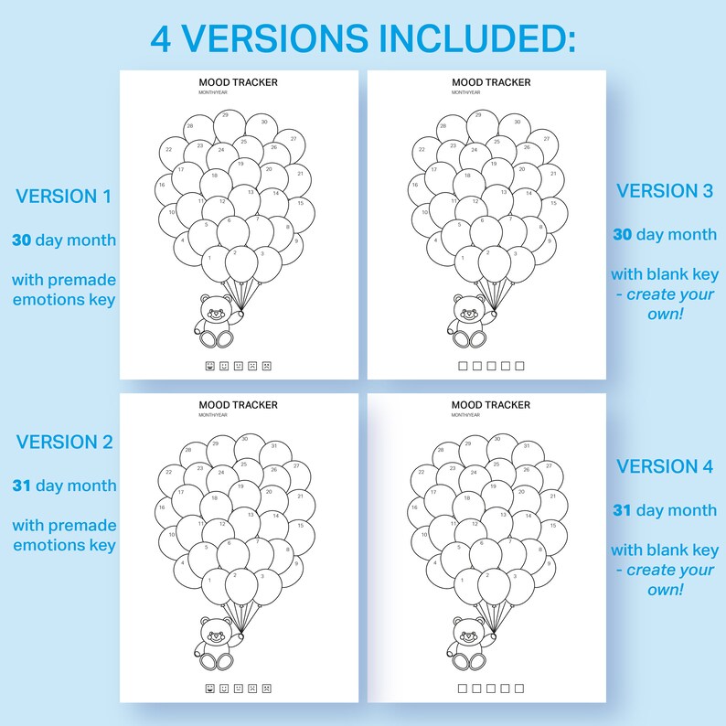 Mood Tracker Printable, Bear Balloons Daily Monthly Emotions Chart ...