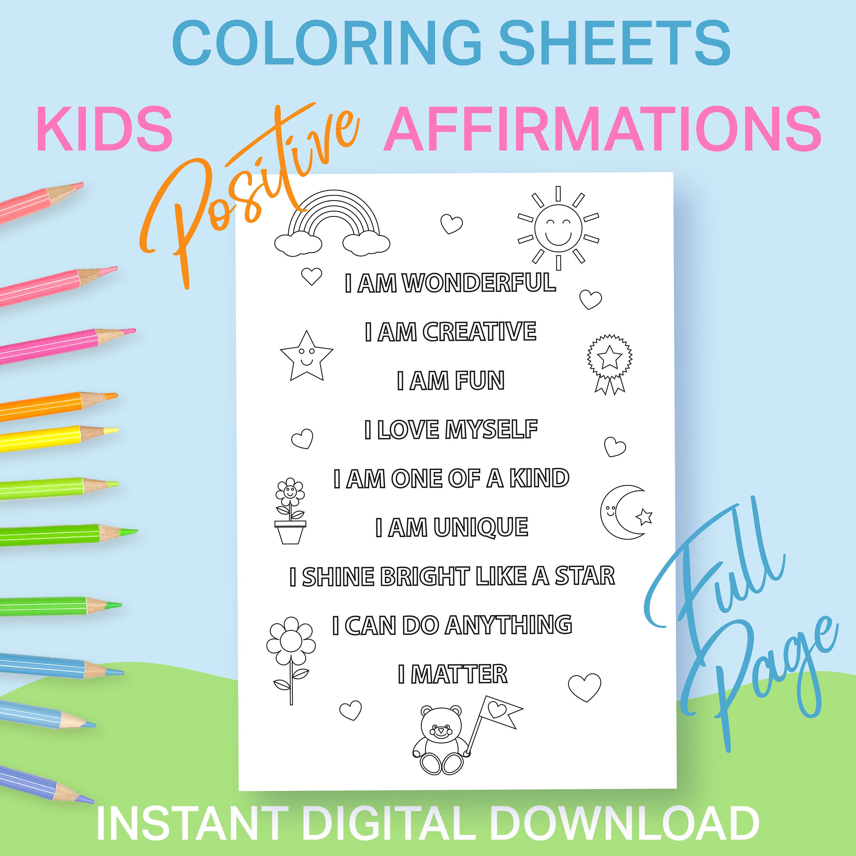 Positive Affirmations Coloring Pages for Kids, 2 Full Pages Coloring ...