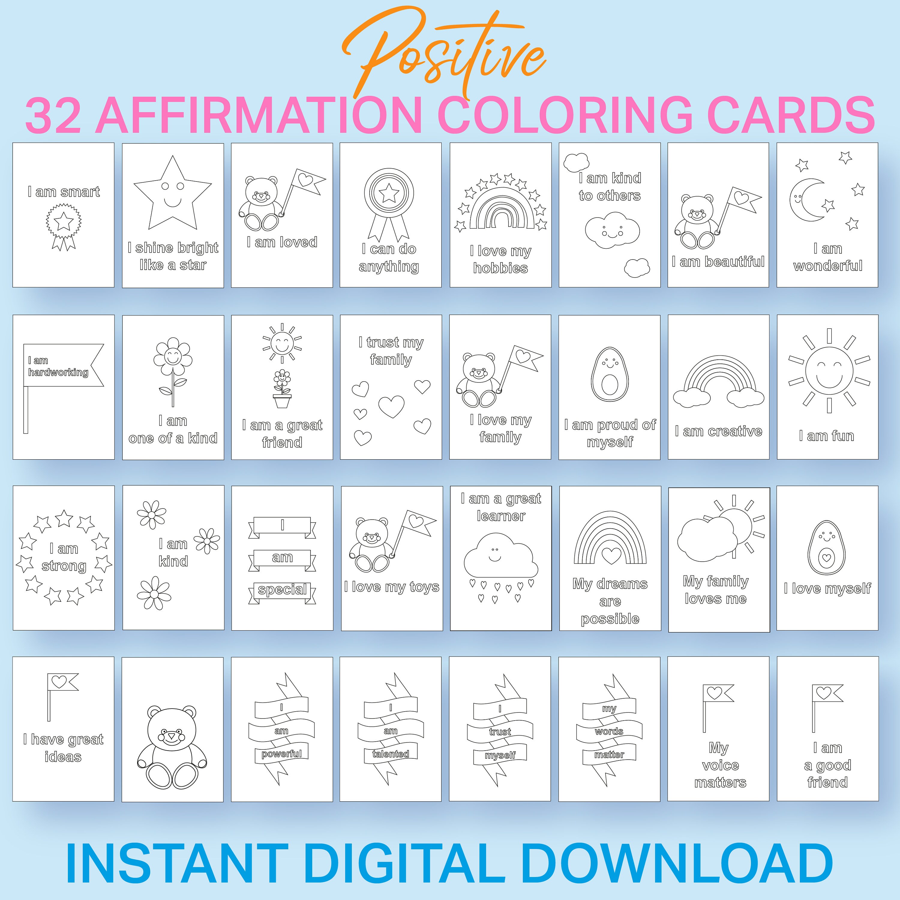 160 Kids Coloring Affirmations Bundle, Mindfulness Cards for Children ...
