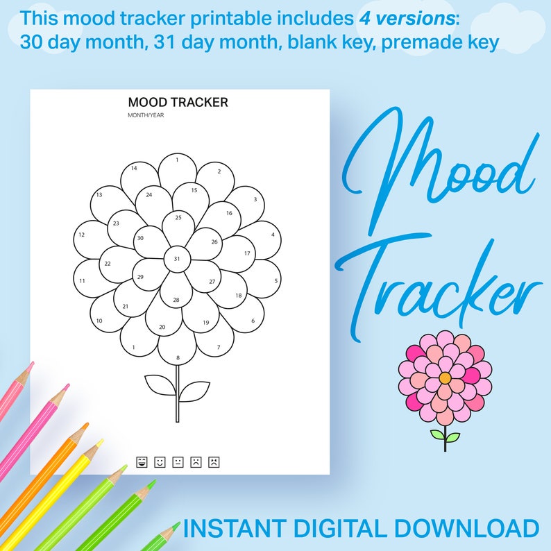 Flower Mood Tracker Printable, Daily Monthly Mood Chart Journal, A5 A4 ...
