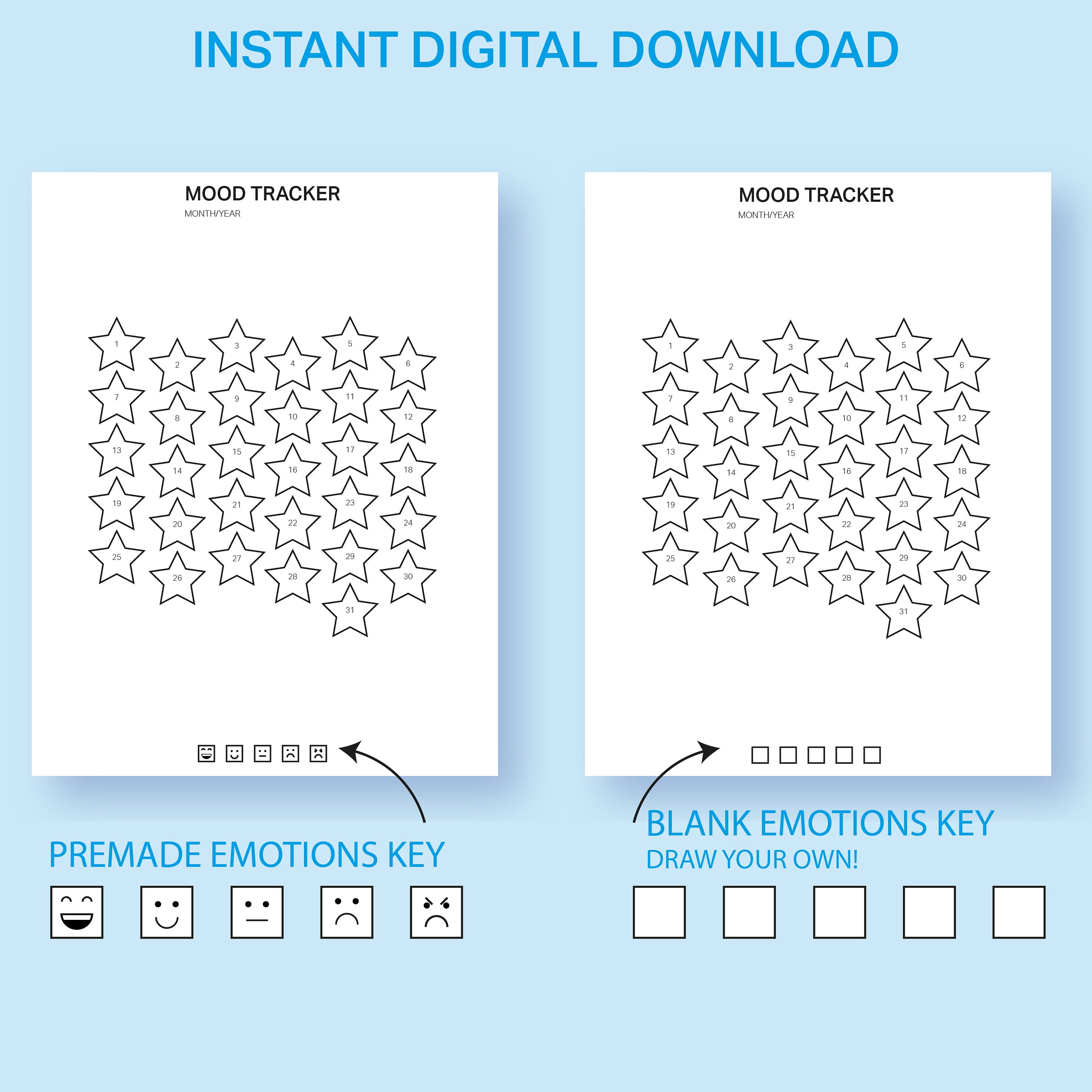 Star Mood Tracker Printable, Daily Monthly Emotions Mood Chart Journal ...