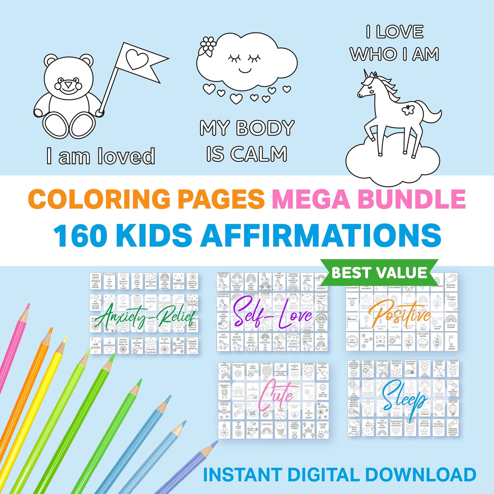 160 Kids Coloring Affirmations Bundle Mindfulness Cards for - Etsy