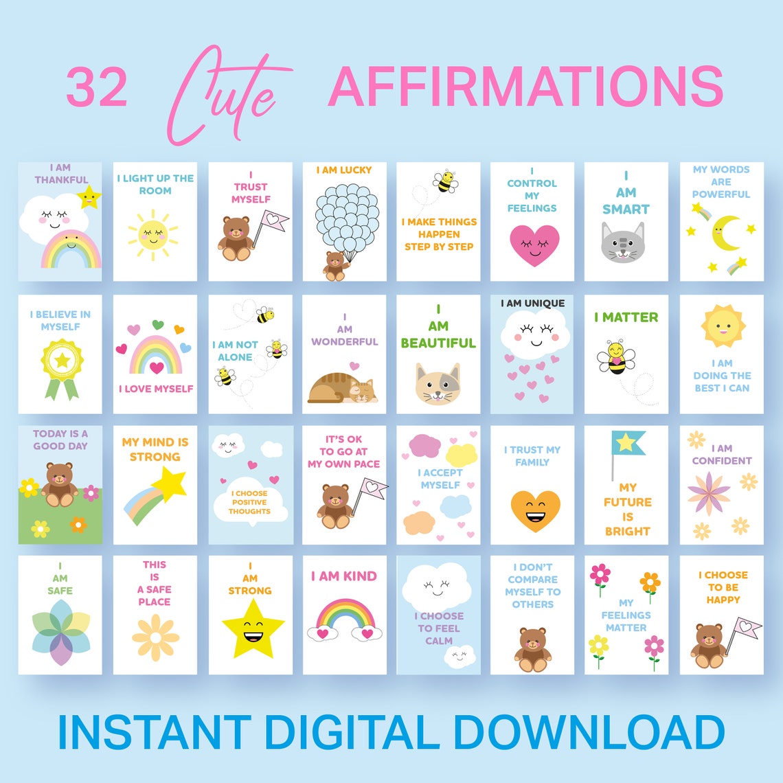 Cute Affirmation Cards Printable for Kids, Positive Kindness Cards ...