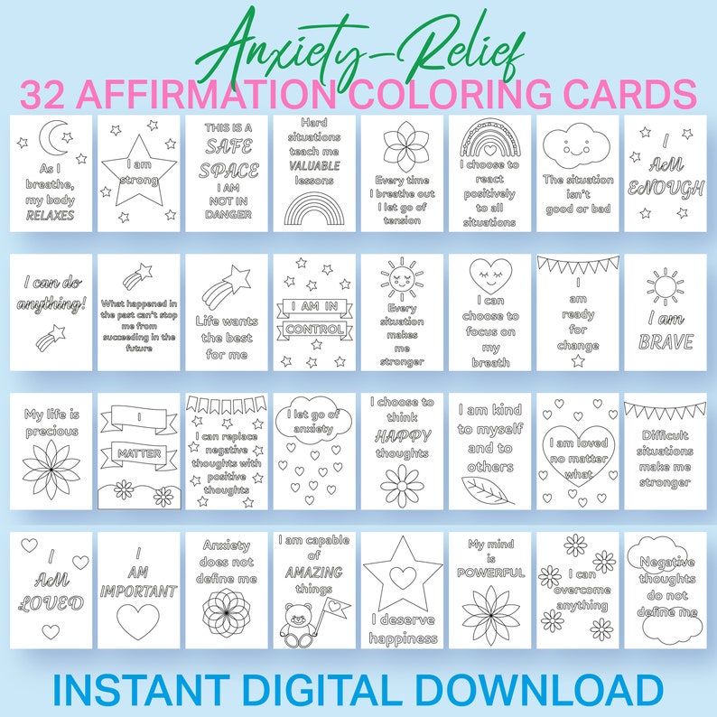Kids Anxiety-relief Affirmations Coloring Cards Printable, Coloring ...