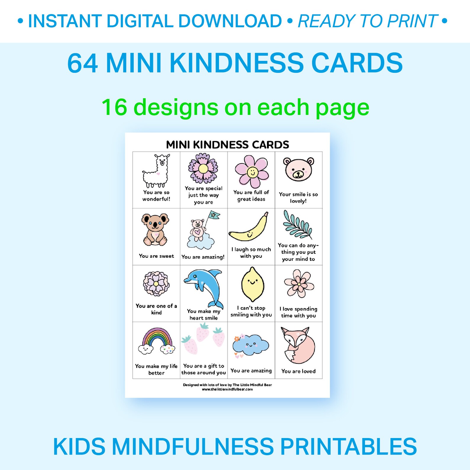 64 Mini Kindness Cards for Kids Printable, Positive Affirmation ...