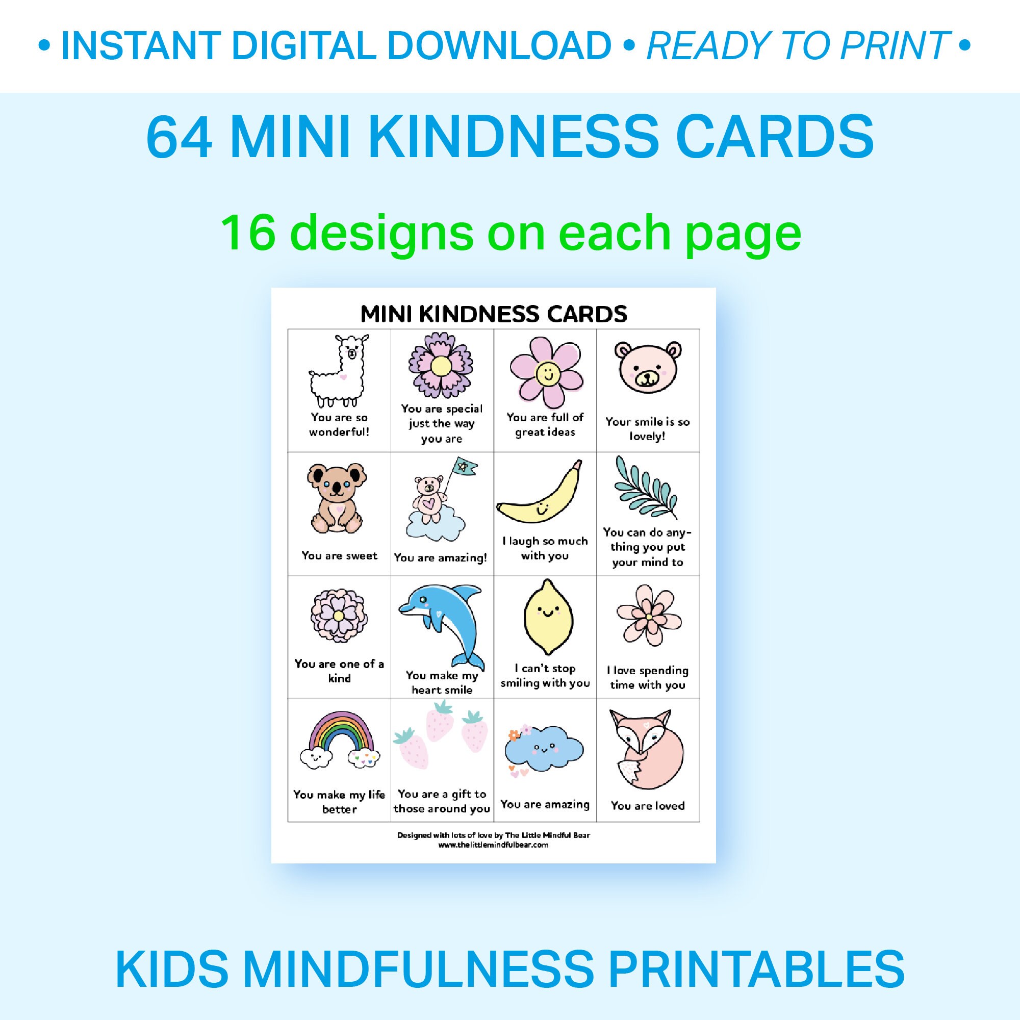64 Mini Kindness Cards for Kids Printable, Positive Affirmation ...